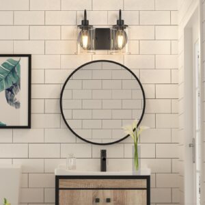 Baocuz 2-Light Black Bathroom Vanity Light, Bathroom Lights Over Mirror, Modern Vanity Lights with Clear Glass Shade, Farmhouse Light Fixtures Wall Mount Lamp for Living Room Mirror Cabinet Hallway