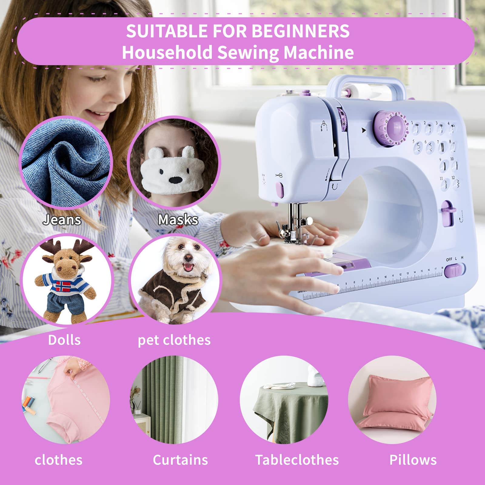 HJWTCQL Mini Sewing Machine for Beginners,Kids Sewing Machines,Small Sewing Machines with 12 Built-in Stitches and Reverse Sewing,Portable Sewing Machine for Kids, Suitable For Family Daily