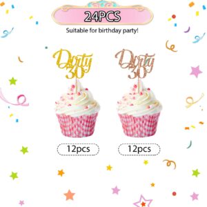 24pcs Dirty 30 Cupcake Toppers, Happy 30th Birthday Cupcake Toppers, Gold & Brown Glitter Cake Decorations for Thirty Years Old Birthday/Anniversary Party Supplies