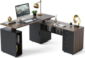 fezibo 63" l shaped executive standing desk with file cabinet, electric height adjustable, black walnut