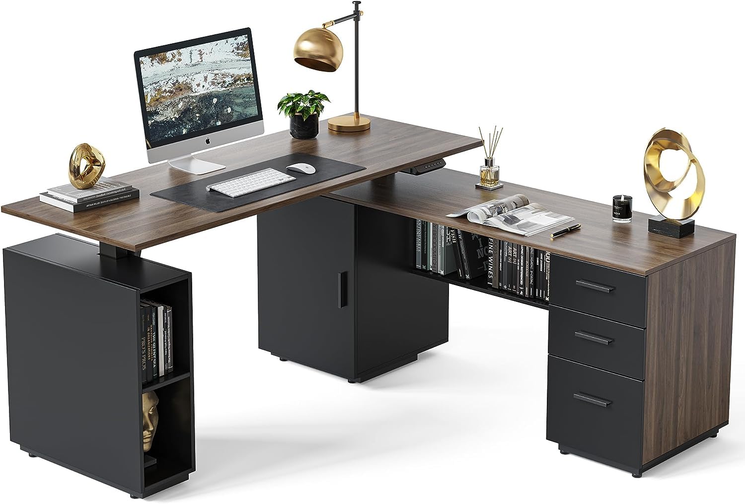 FEZIBO 63" L Shaped Executive Standing Desk with File Cabinet, Electric Height Adjustable, Black Walnut