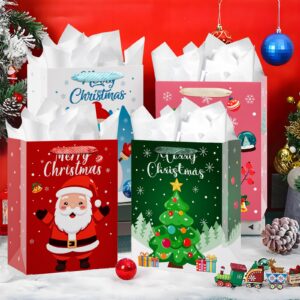 GonLei 4Pack 13" Large Christmas Gift Bags with Tissue Paper,Xmas Gift Bag for Presents,Assorted Christmas Tote Bags Bulk for School Family Holiday Party