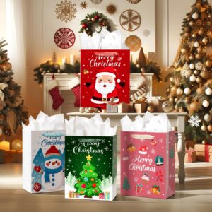 GonLei 4Pack 13" Large Christmas Gift Bags with Tissue Paper,Xmas Gift Bag for Presents,Assorted Christmas Tote Bags Bulk for School Family Holiday Party