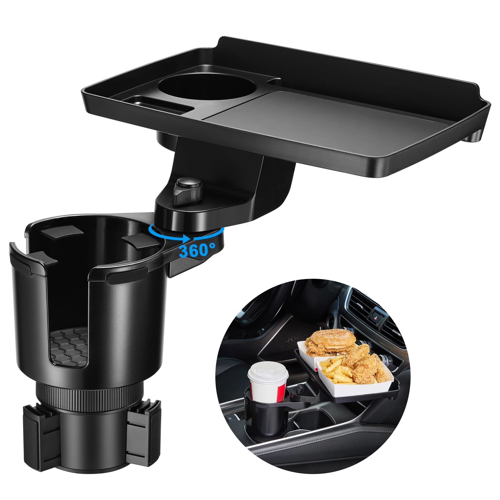 THIS HILL Cup Holder Tray for Car, 2 in 1 Detachable Car Food Table Tray with Solid Base & Phone Slot,Car Cup Holder Expander with 360°Rotation Tray for Travel Road Essentials