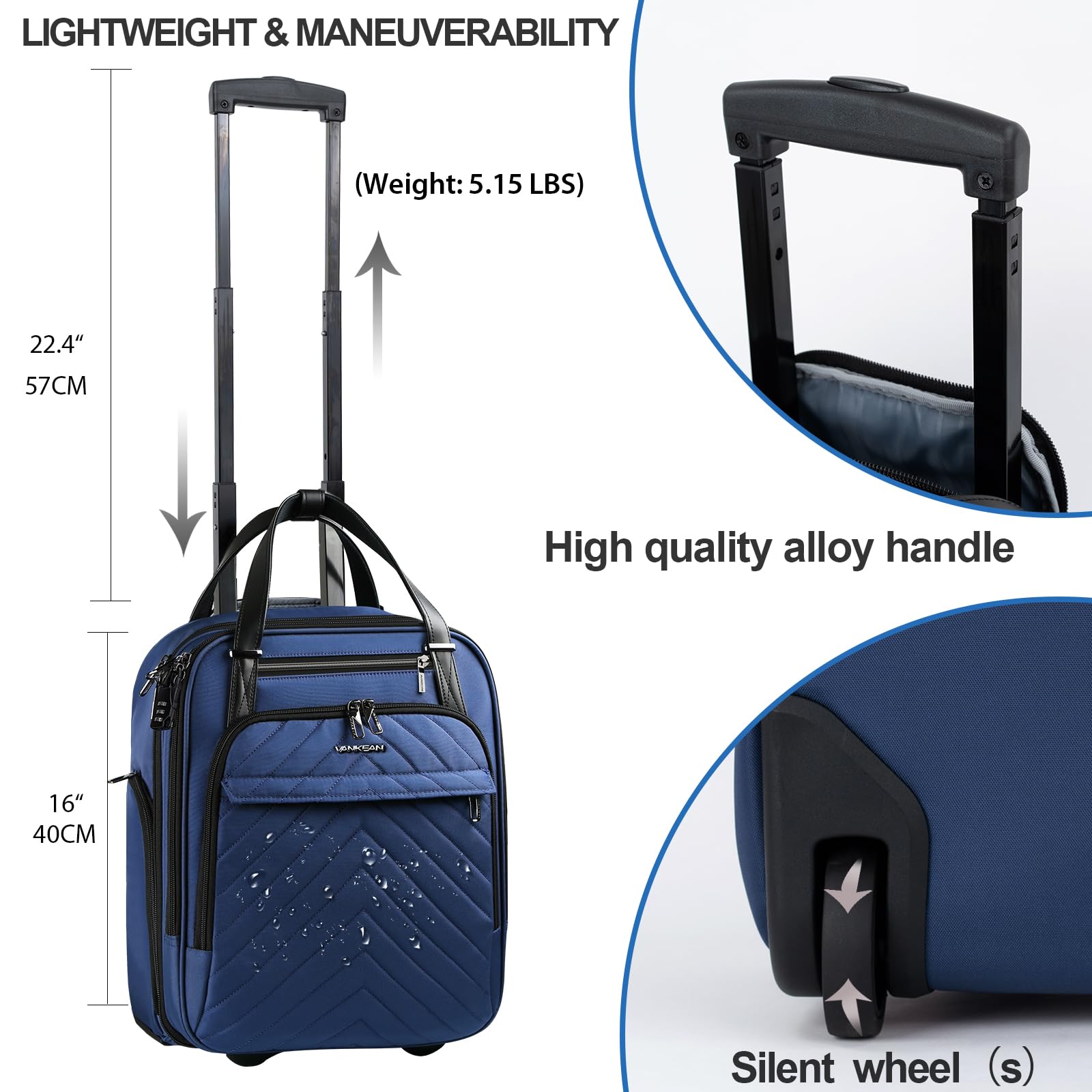 VANKEAN Carry On Underseat 16-inch Multi-functional Underseater Lightweight Overnight Suitcase with Wheels, Roller Case for Men Women Travel Business, Blue