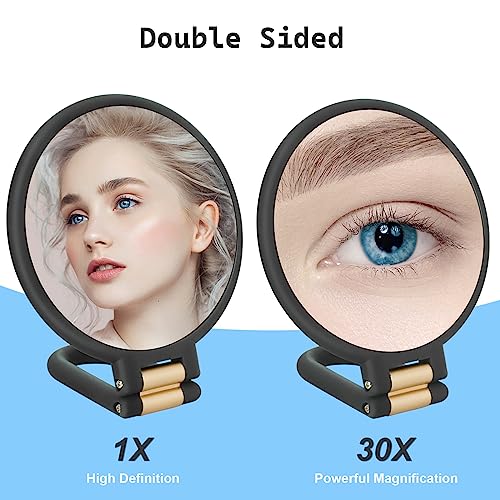 Sifolo 30x Magnifying Mirror, Travel Hand Mirrors with Handle - Double Side Handheld Mirror with 1X 30X Magnification & Adjustable Handle/Stand, Hand Held Foldable Travel Mirror for Makeup(Black)