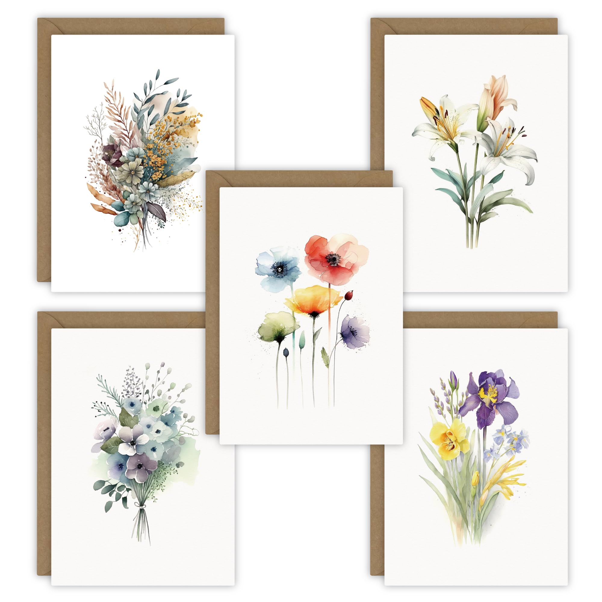 Tashchow 5 Watercolor Flowers Greeting Cards All Occasion Blank Note Cards with Envelopes