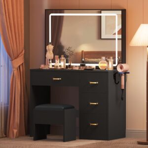 dwvo makeup vanity table, vanity desk set with large mirror and led lights, brightness adjustable, vanity with 4 drawers, bedroom vanity table with cushioned stool for women girls, charcoal black