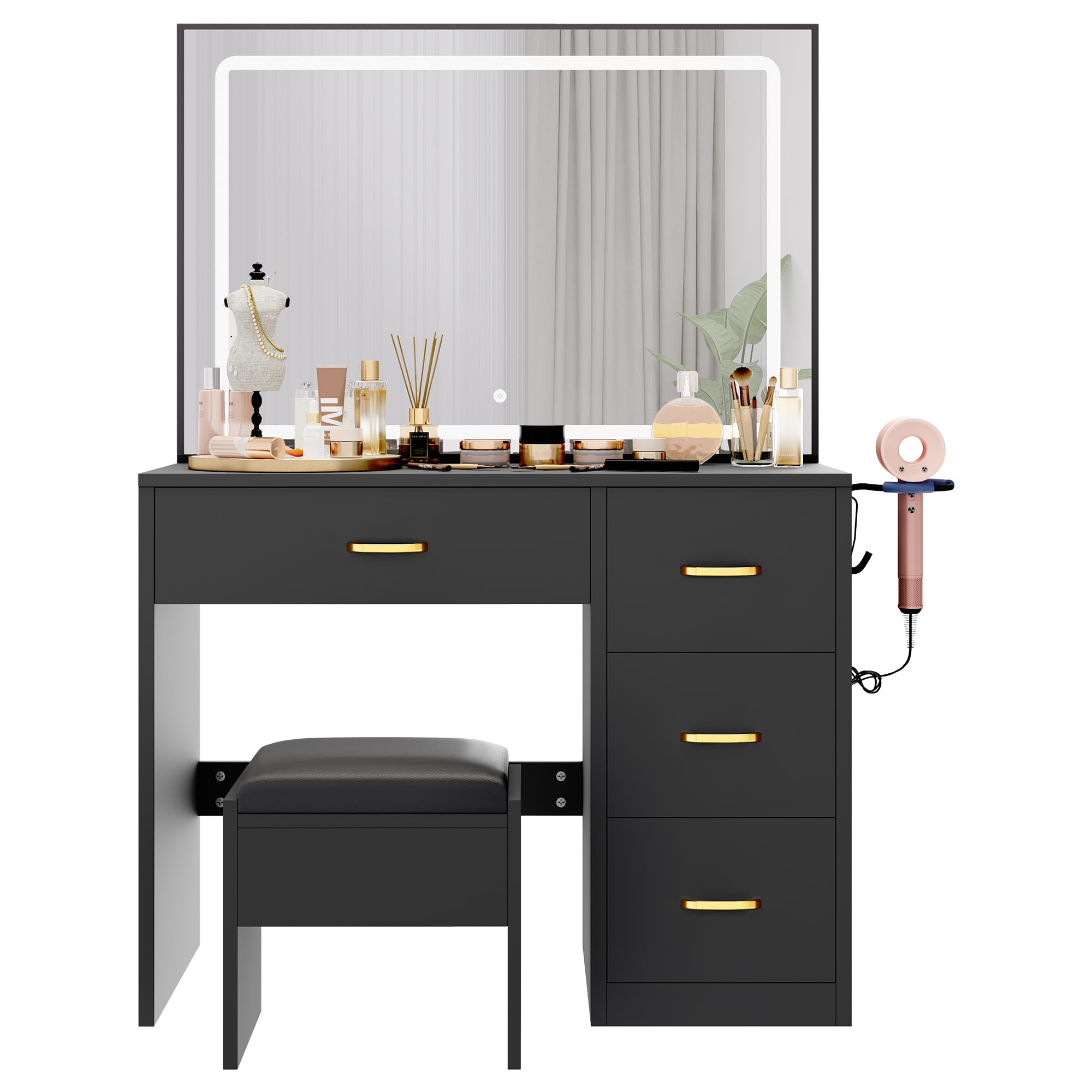 DWVO Makeup Vanity Table, Vanity Desk Set with Large Mirror and LED Lights, Brightness Adjustable, Vanity with 4 Drawers, Bedroom Vanity Table with Cushioned Stool for Women Girls, Charcoal Black