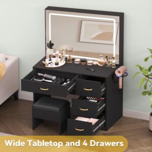 DWVO Makeup Vanity Table, Vanity Desk Set with Large Mirror and LED Lights, Brightness Adjustable, Vanity with 4 Drawers, Bedroom Vanity Table with Cushioned Stool for Women Girls, Charcoal Black