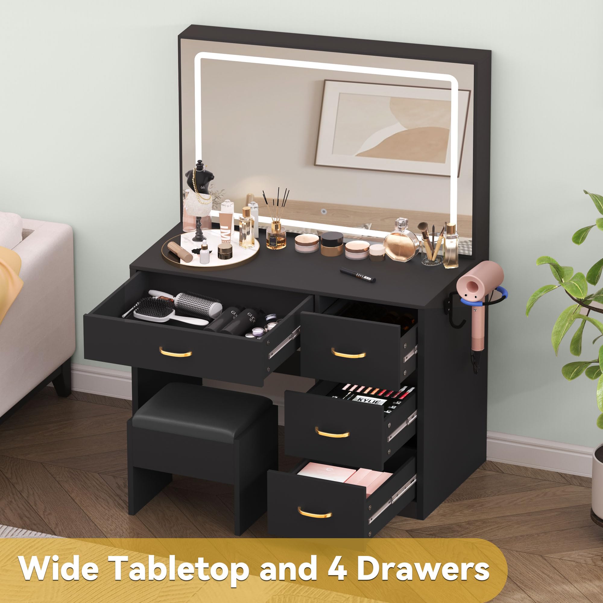 DWVO Makeup Vanity Table, Vanity Desk Set with Large Mirror and LED Lights, Brightness Adjustable, Vanity with 4 Drawers, Bedroom Vanity Table with Cushioned Stool for Women Girls, Charcoal Black