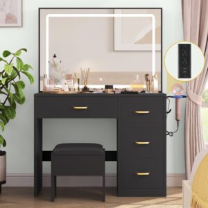 DWVO Makeup Vanity Table, Vanity Desk Set with Large Mirror and LED Lights, Brightness Adjustable, Vanity with 4 Drawers, Bedroom Vanity Table with Cushioned Stool for Women Girls, Charcoal Black