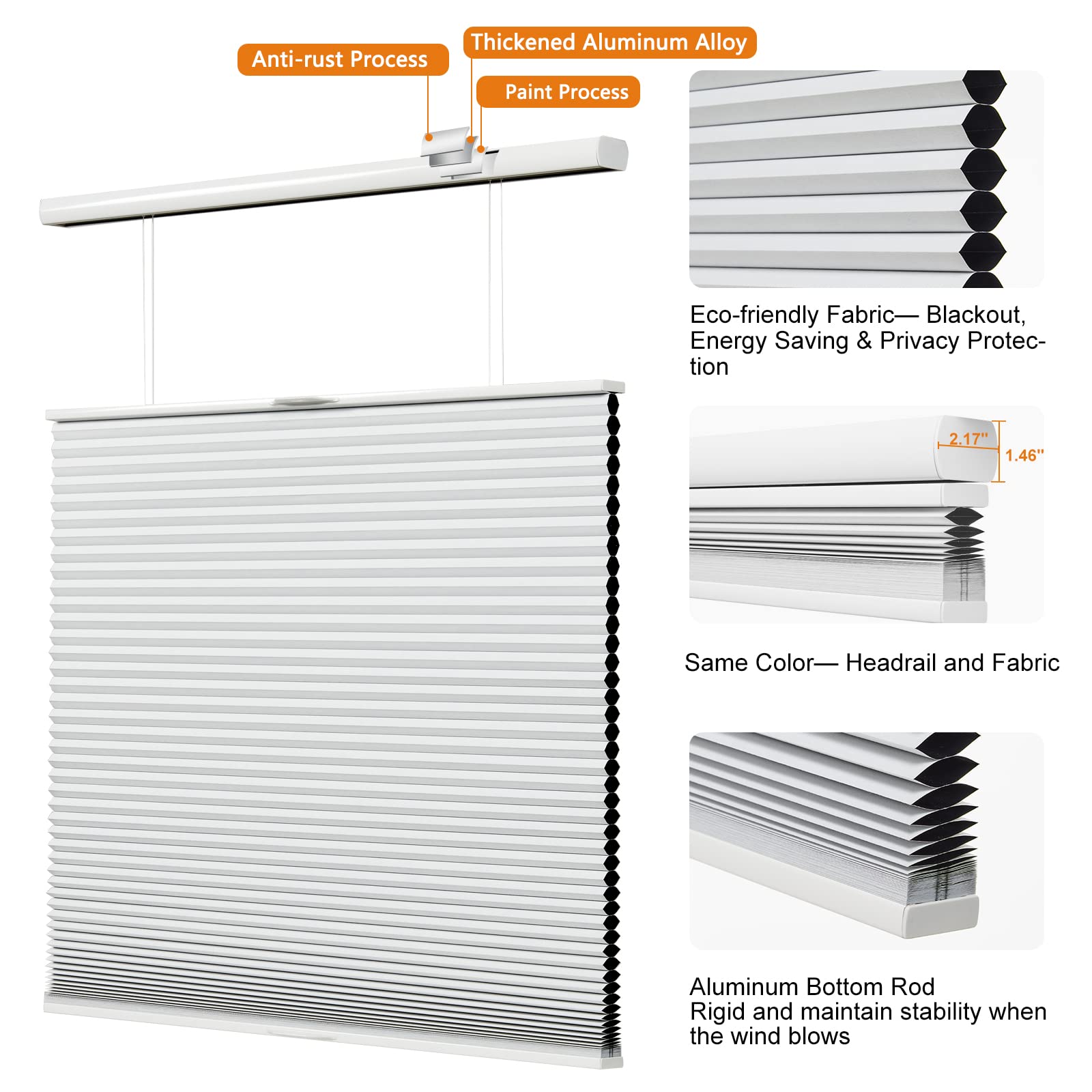 Persilux Blackout Cellular Cordless Shades, Honeycomb Window Blinds for Windows, Top Down Bottom Up Accordion Window Shades for Home, Thermal Insulated Door Blinds & Shades (93" W x 60" H, White)