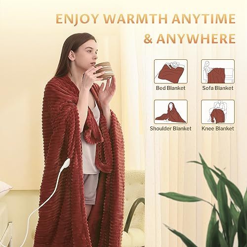 Reaks Heated Blanket Throw - 50" x 60" Electric Blanket with 4 Fast Heating Levels & 3 Hours Auto Off, Soft Flannel Heating Blankets for Home Office, UL&FCC Certification, Machine Washable, Red