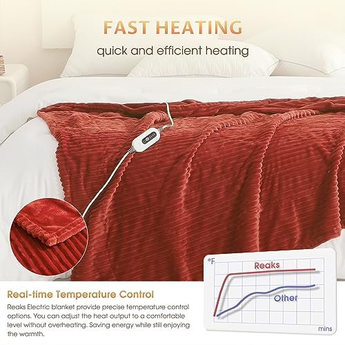 Reaks Heated Blanket Throw - 50" x 60" Electric Blanket with 4 Fast Heating Levels & 3 Hours Auto Off, Soft Flannel Heating Blankets for Home Office, UL&FCC Certification, Machine Washable, Red