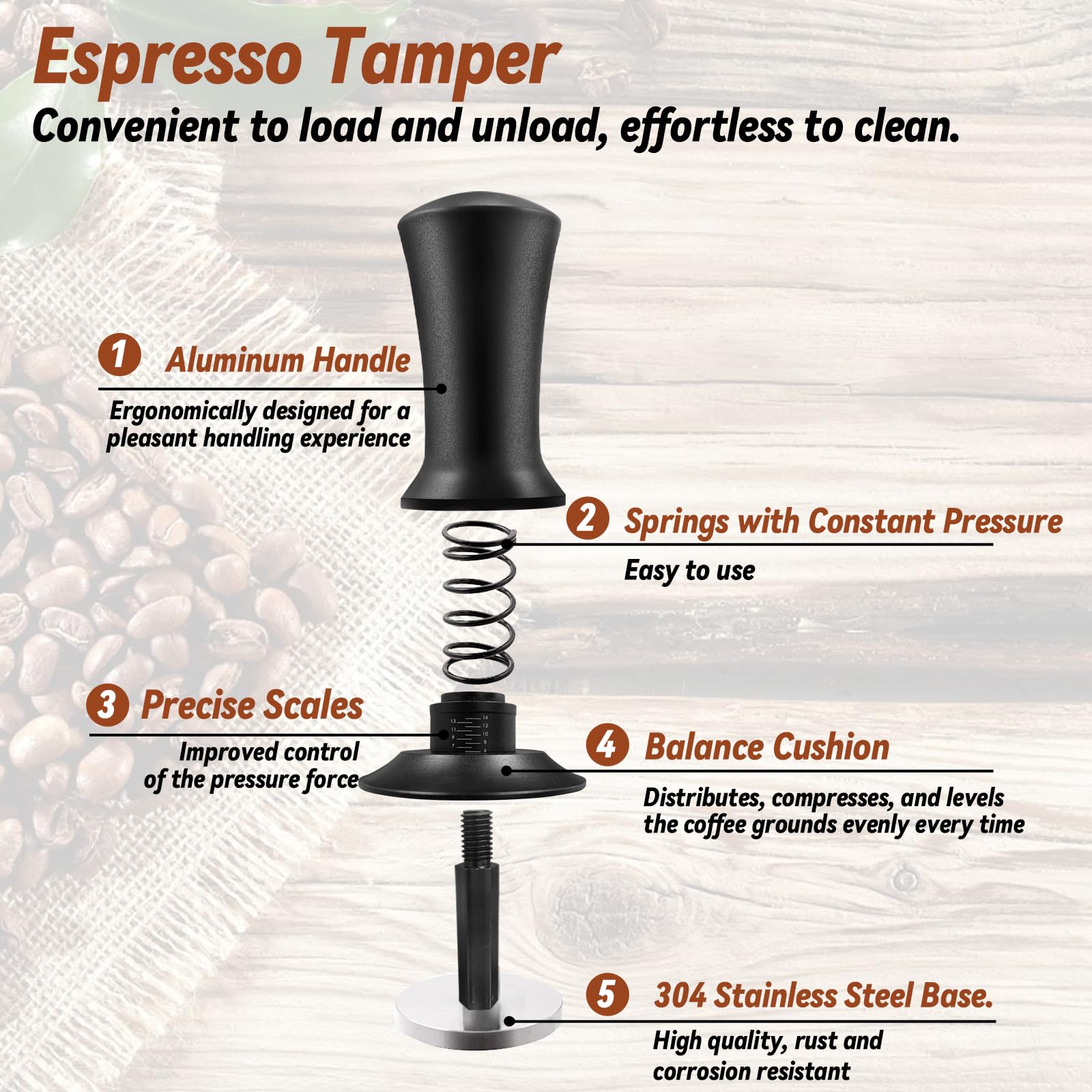 Coffee Espresso Tamper 51mm with WDT Tool Calibrated Spring Loaded, Coffee Press with Silicone Mat, 100% Flat Stainless Steel Base Tamper for Espresso Coffee Machine (51mm, Black)