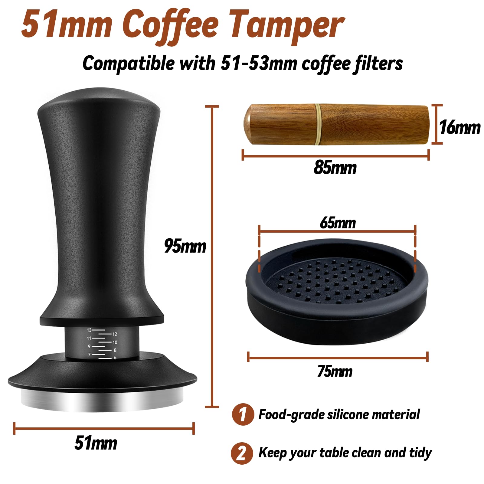 Coffee Espresso Tamper 51mm with WDT Tool Calibrated Spring Loaded, Coffee Press with Silicone Mat, 100% Flat Stainless Steel Base Tamper for Espresso Coffee Machine (51mm, Black)