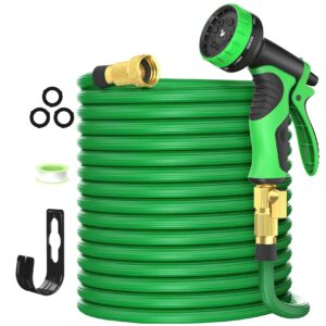 100ft expandable garden hose with 10 function nozzles, new water hose with 50 layers innovative nano rubber, 3/4" solid brass fittings, flexible hose expanding hose