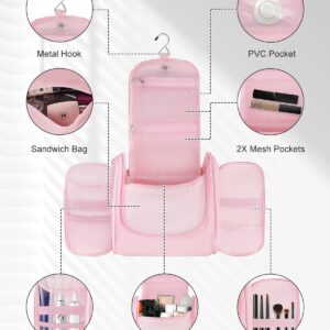 MULISOFT Toiletry Bag for Women, Hanging Travel Toiletry Bag with Large Capacity, Water-resistant Makeup Bag with 16 Compartments for Toiletries and Cosmetics, Toiletry Organizer Bag, Rose Pink