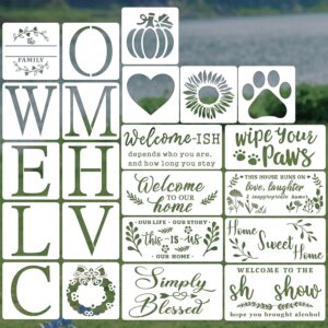 22 pieces large letter welcome stencils for painting on wood, reusable farmhouse stencil plastic wood burning stencil word painting stencil craft template for wood porch sign wall home decor