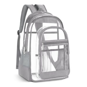 kimnerpu clear backpack, heavy duty pvc transparent backpack with reinforced straps, see through multiple pockets large capacity bookbag for concert sport event work security travel festival (grey)