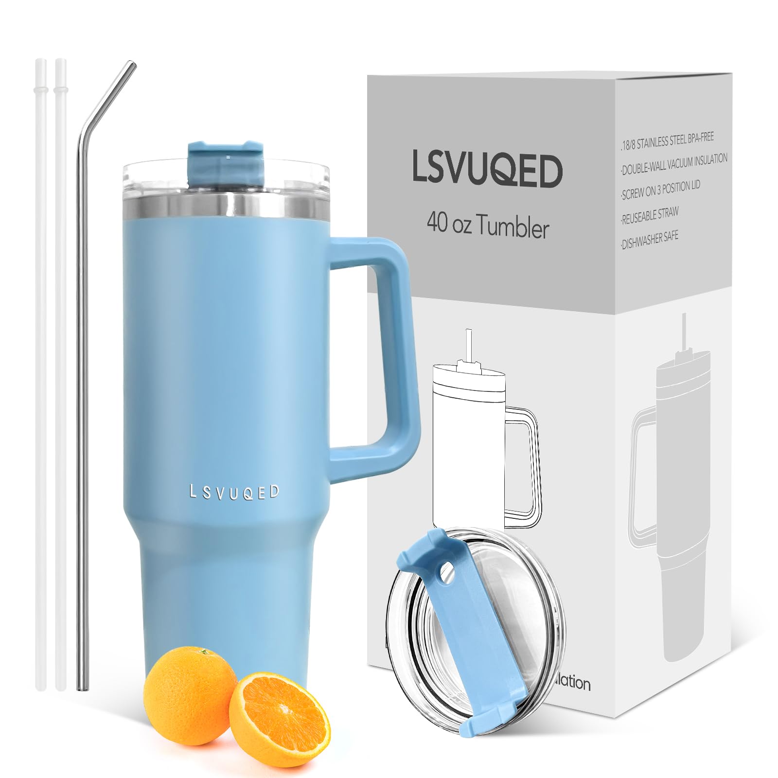 LSVUQED Tumbler Cups, 40 oz Tumbler with Handle and Straw Lid Insulated Reusable Stainless Steel Travel Mug Keeps Drinks Insulation up to 12 Hours.(Blue)