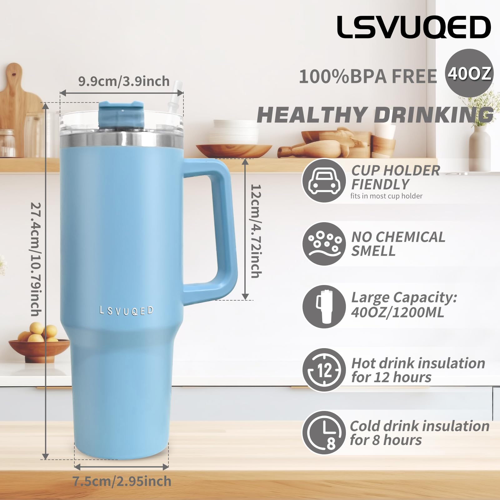 LSVUQED Tumbler Cups, 40 oz Tumbler with Handle and Straw Lid Insulated Reusable Stainless Steel Travel Mug Keeps Drinks Insulation up to 12 Hours.(Blue)