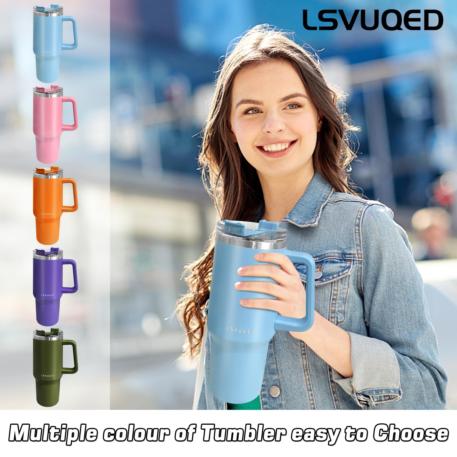 LSVUQED Tumbler Cups, 40 oz Tumbler with Handle and Straw Lid Insulated Reusable Stainless Steel Travel Mug Keeps Drinks Insulation up to 12 Hours.(Blue)