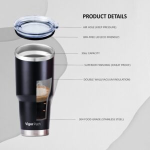 VIGOR PATH Insulated Tumbler Cup with Slide Lid, Double-Walled Vacuum Stainless Steel Water Bottle Travel Mug - Leak-Proof Thermal Cup for Home and Outdoor Adventures - 30oz (Black)