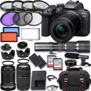 canon eos r10 mirrorless camera rf-s 18-150mm is stm + 75-300mm iii + 500mm f/8 focus lenses + accessories: 2x 64gb memory cards, led video light, case & more (renewed)