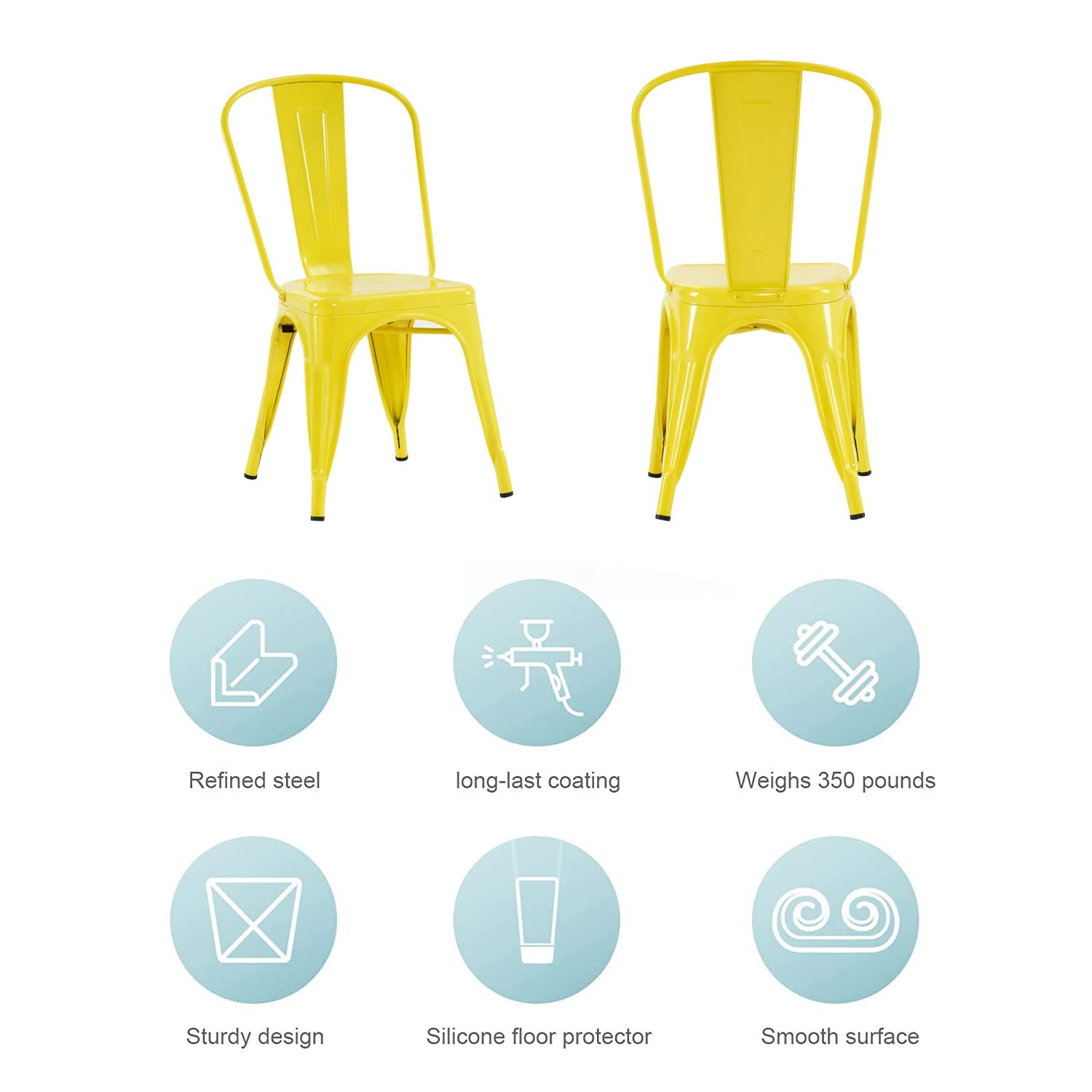 Nazhura Metal Dining Chair Farmhouse Tolix Style for Kitchen Dining Room Café Restaurant Bistro Patio, 18 Inch, Stackable, Waterproof Indoor/Outdoor (Sets of 4) (Steel Seat, Yellow)