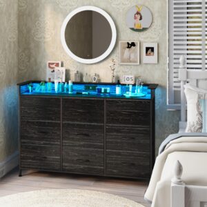 exotica black dresser with charging station 9 drawers dresser with led light and usb ports fabric dresser for bedroom hallway entryway closets sturdy steel frame wood top