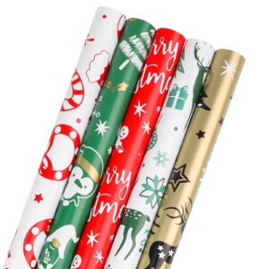 kimober 5 rolls christmas wrapping paper with cut lines on reverse,colourful coated paper with cartoon xmas elements(17in×118in per roll)