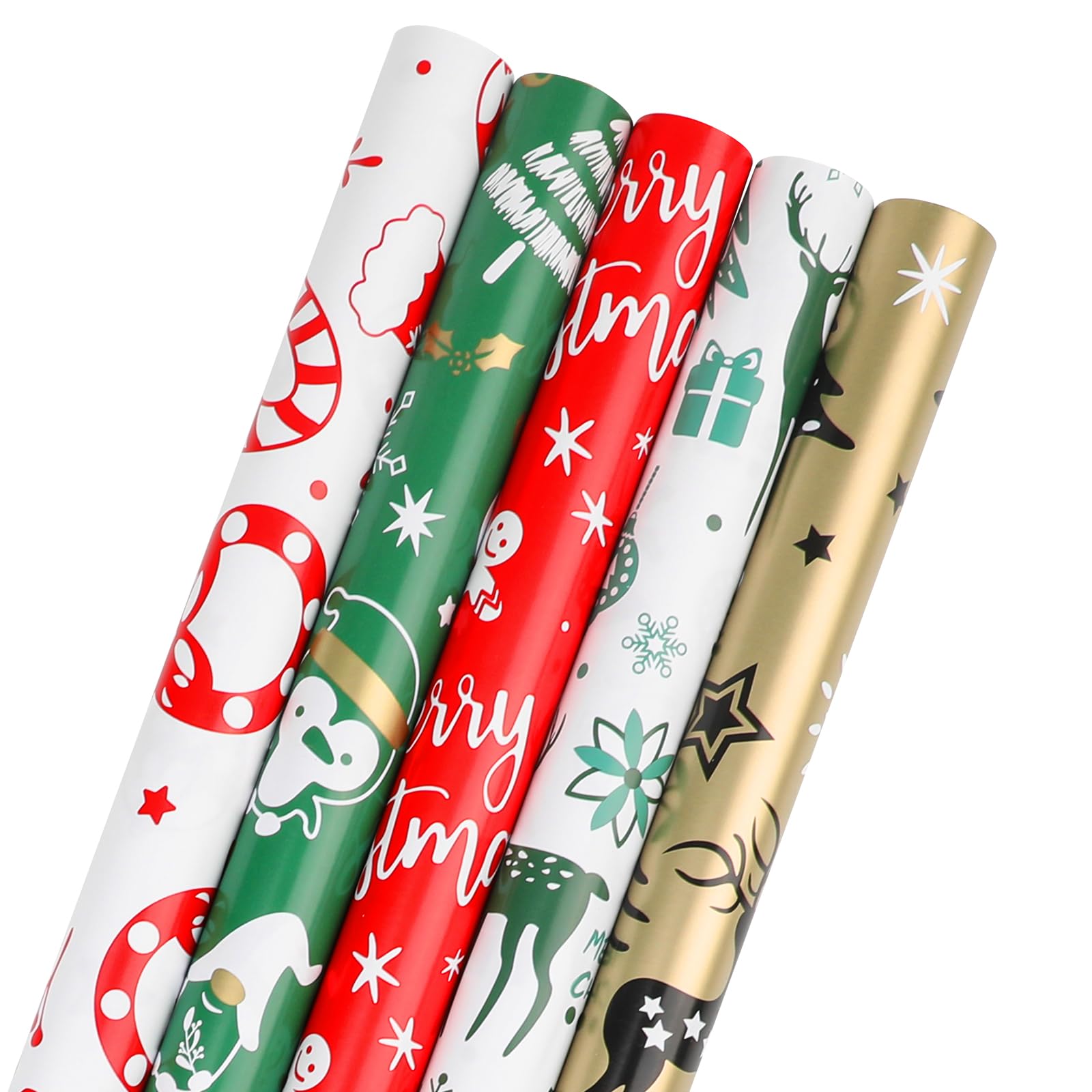 KIMOBER 5 Rolls Christmas Wrapping Paper with Cut Lines on Reverse,Colourful Coated Paper with Cartoon Xmas Elements(17in×118in Per Roll)