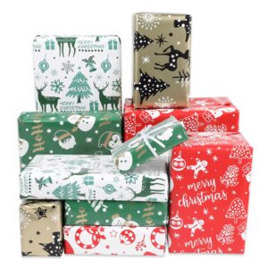 KIMOBER 5 Rolls Christmas Wrapping Paper with Cut Lines on Reverse,Colourful Coated Paper with Cartoon Xmas Elements(17in×118in Per Roll)