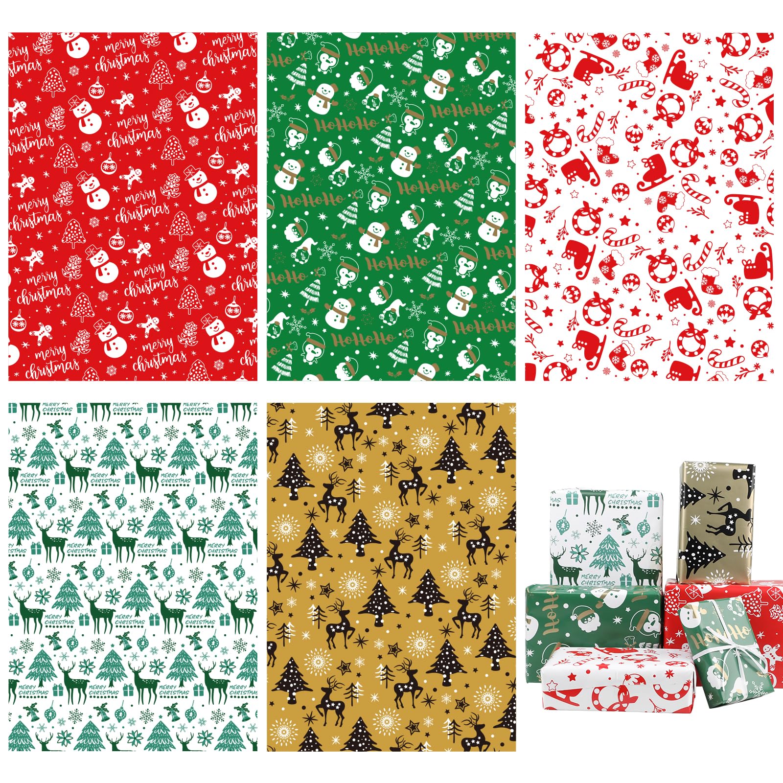 KIMOBER 5 Rolls Christmas Wrapping Paper with Cut Lines on Reverse,Colourful Coated Paper with Cartoon Xmas Elements(17in×118in Per Roll)