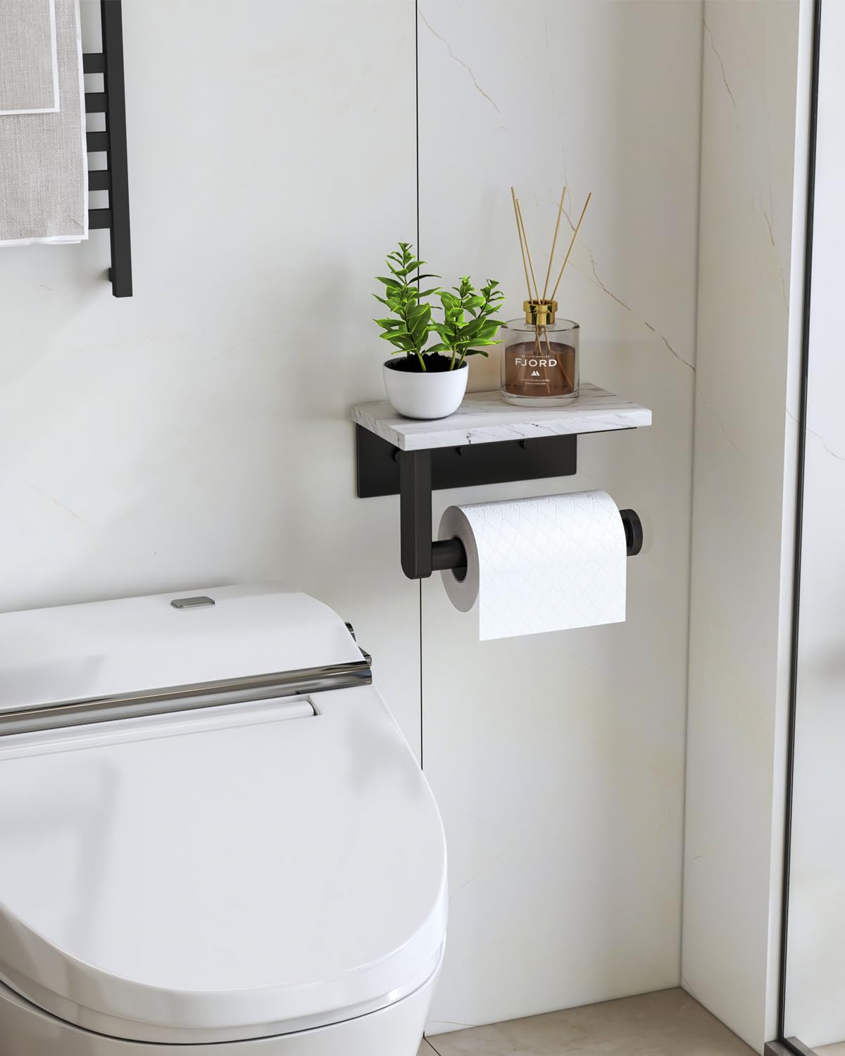 WOJIUBUXIN Marble Toilet Paper Holder with Shelf Black Toilet Paper Roll Holder Wall Mount for Bathroom Cabinet Decorative,Matte Black Finish,Modern Style,Screw-in,Each Marble with A Unique Pattern