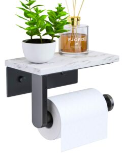 wojiubuxin marble toilet paper holder with shelf black toilet paper roll holder wall mount for bathroom cabinet decorative,matte black finish,modern style,screw-in,each marble with a unique pattern