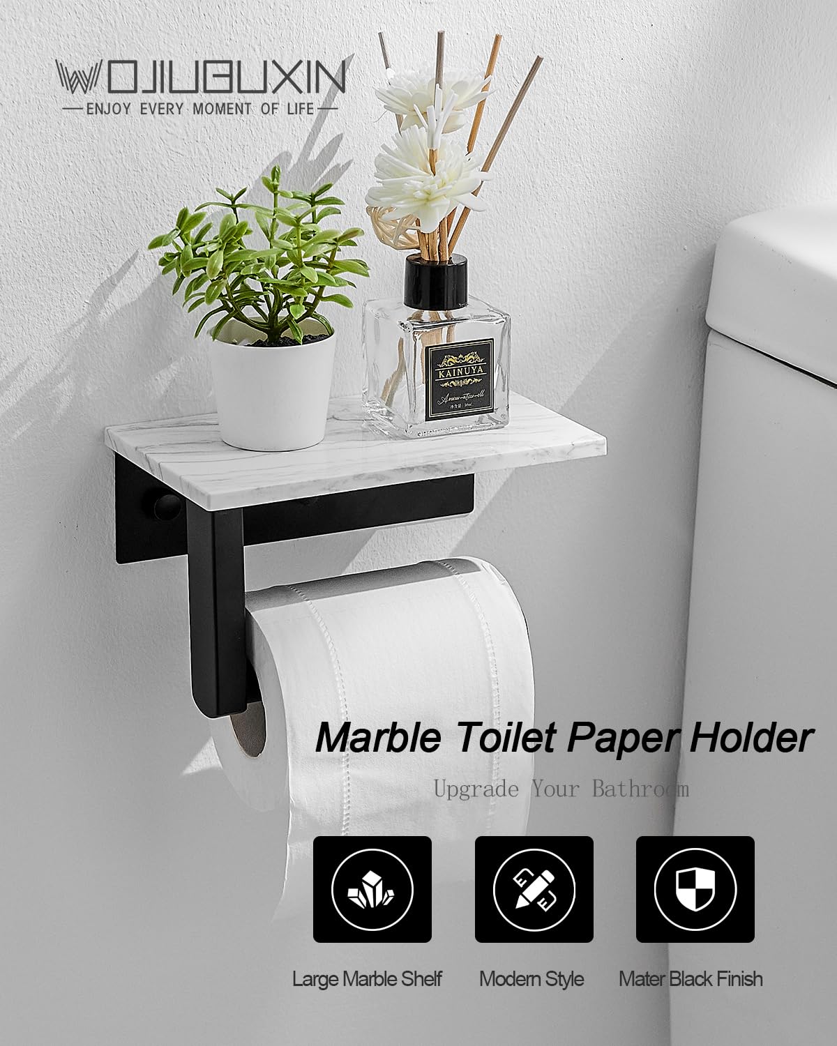 WOJIUBUXIN Marble Toilet Paper Holder with Shelf Black Toilet Paper Roll Holder Wall Mount for Bathroom Cabinet Decorative,Matte Black Finish,Modern Style,Screw-in,Each Marble with A Unique Pattern