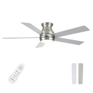 pochfan 52 inch low profile ceiling fans with lights and remote, flush mount modern ceiling fan, 3cct dimmable dc ceiling fan for bedroom, living room, brushed nickel