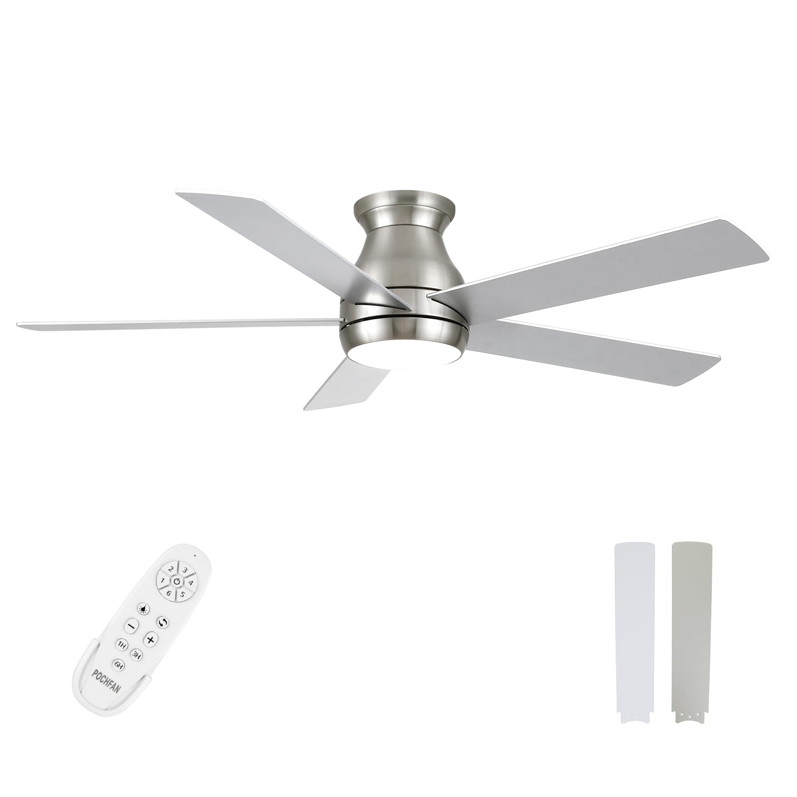 POCHFAN 52 Inch Low Profile Ceiling Fans With Lights and Remote, Flush Mount Modern Ceiling Fan, 3CCT Dimmable DC Ceiling Fan for Bedroom, Living Room, Brushed Nickel