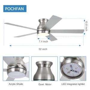 POCHFAN 52 Inch Low Profile Ceiling Fans With Lights and Remote, Flush Mount Modern Ceiling Fan, 3CCT Dimmable DC Ceiling Fan for Bedroom, Living Room, Brushed Nickel