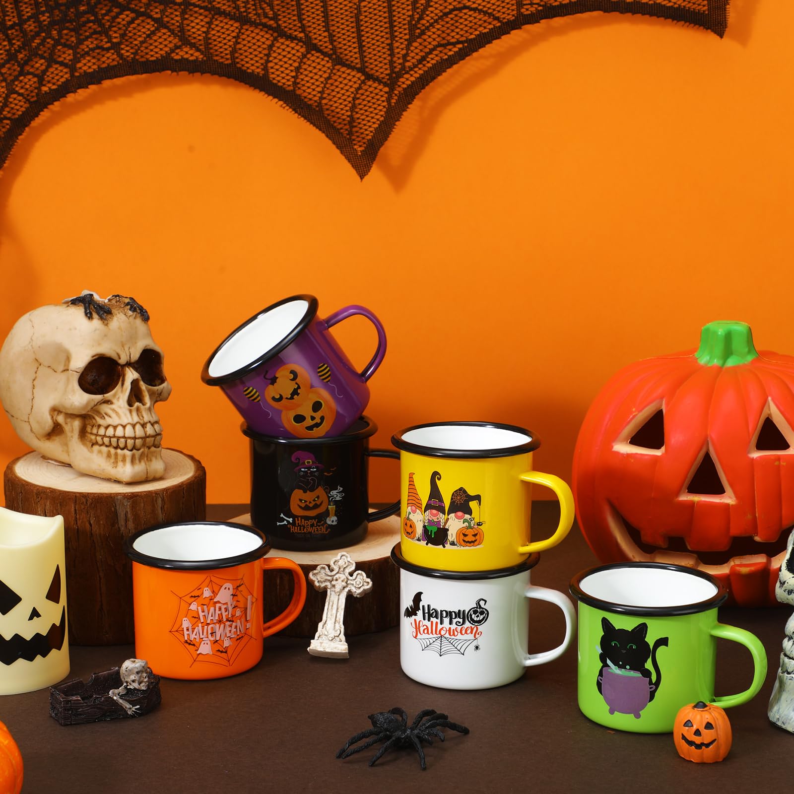 Dandat 12 Pieces Halloween Coffee Mugs Happy Halloween Coffee Cups Enamel Coffee Mug 12 oz Halloween Decorations Mugs for Halloween Party Gift Dinner Drinks Supplies