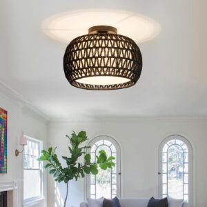 rattan ceiling light fixtures, hand-woven boho flush mount ceiling light, handmade rattan light fixtures ceiling mount with fabric shade, farmhouse light fixture for bedroom hallway entryway (black)