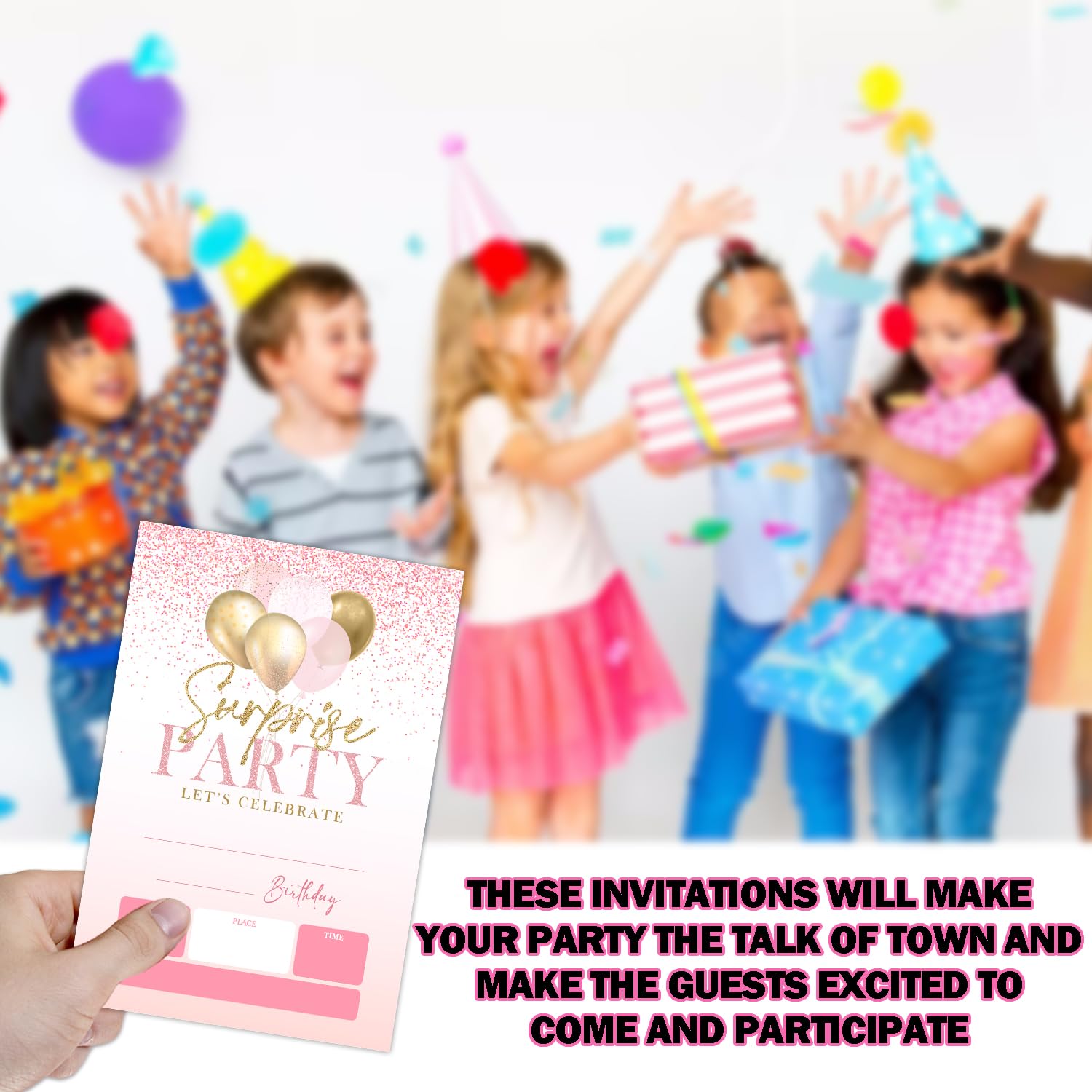 Rose Pink Gold Surprise Birthday Invitations for Women, Pink Balloons Birthday Invites for Adult Boys Girls Teens kids, Any Age Birthday Party Invite Ideas, 20 Invitations with Envelopes - JY709