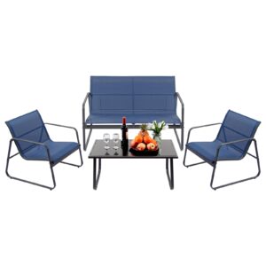 paiqian 4 piece patio outdoor furniture set with strong powder coated metal frame one love seat, two single chairs and one table for porch, balcony, backyad, patio conversation set (navy blue)