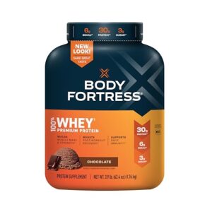 body fortress super advanced whey protein powder, chocolate, 60g protein & 12g bcaas per 2 scoops, muscle gain & recovery, immune support with vitamins c & d, 3.9lbs (packaging may vary)