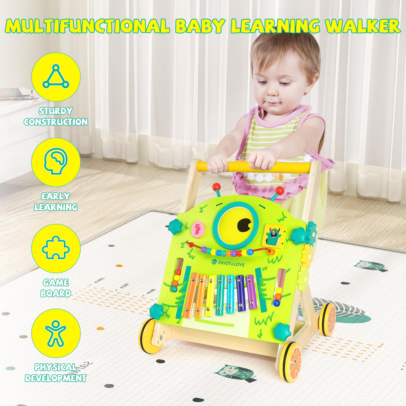 Wooden Baby Walker Baby Push Walker Sit-to-Stand Learning Walkers for Baby Toddlers Baby Walker Activity Center Toys Multifunctional Montressori Educational Toy for Boys & Girls