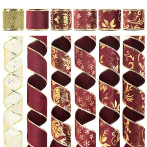 aimudi burgundy christmas velvet ribbon wired 2.5" burgundy and gold ribbon for christmas tree decorations dark red wired ribbon for wreaths, gift wrapping, crafts, topper bow - 6 rolls 36 yards