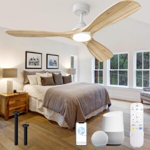 60 inch smart ceiling fan with lights, wood blades ceiling fan with remote, alexa, app controls, quiet dc motor 6 speed, timing, high cfm, dimmable led light for home office, white + natural wood